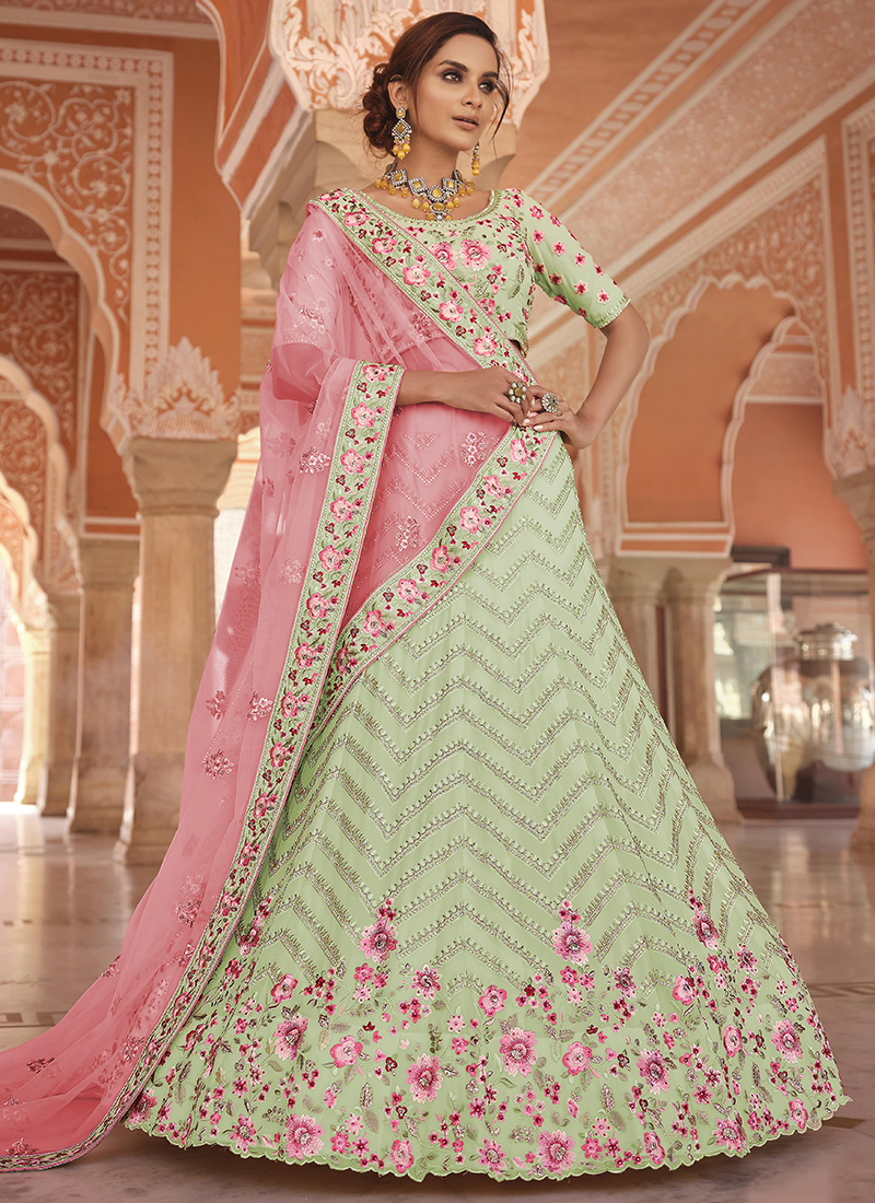 Buy Pista green Georgette Reception Wear Zarkan Work Lehenga Choli ...
