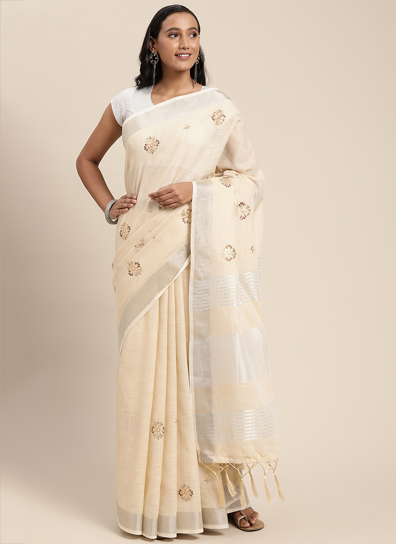 Buy Cream Linen Traditional Wear Weaving Saree Online From Wholesale ...