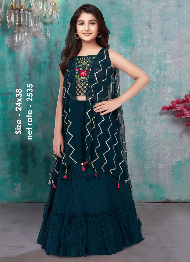 (Set Of 8 Pcs) Rama Blue Readymade Crop Top With Skirt And Jacket Catalog