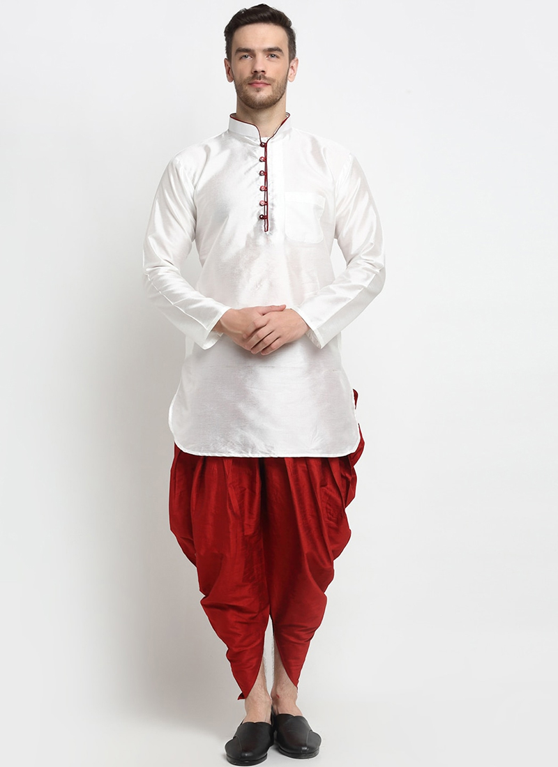 Buy White Art Dupion Festival Wear Plain Dhoti Kurta Pajama Online From Wholesale Salwar.