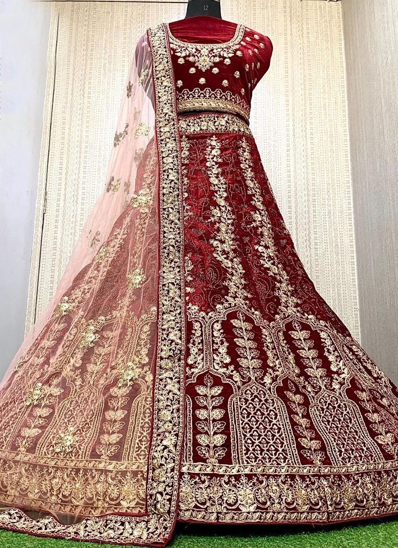 Buy Red Velvet Wedding Wear Zarkan Work Lehenga Choli Online From ...