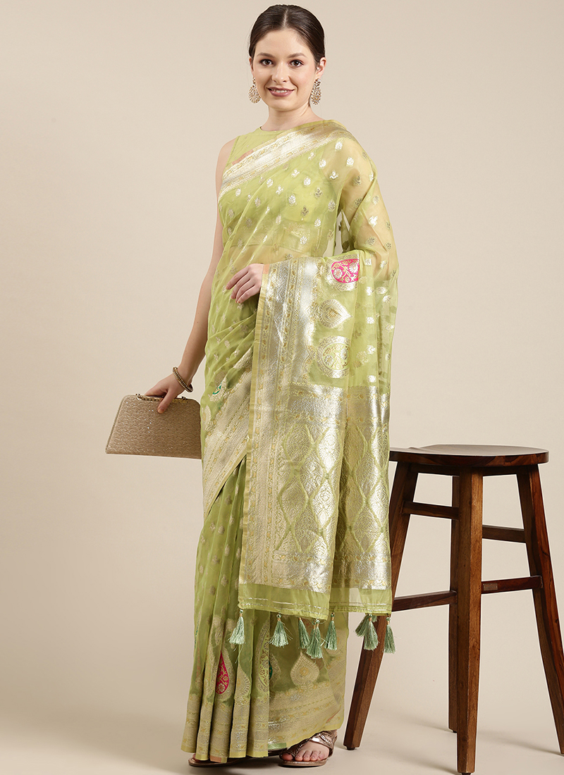 Buy LIME GREEN Organza Traditional Wear Woven Design Saree Online From ...