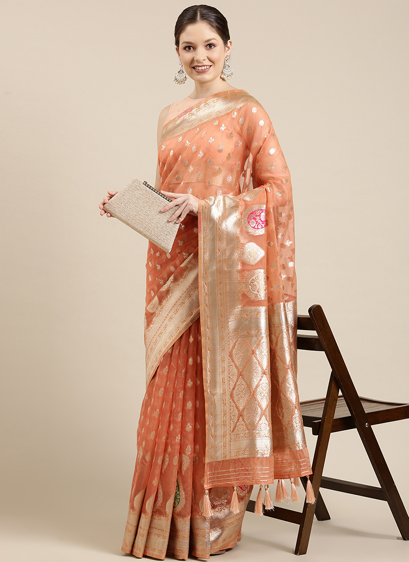 Buy PEACH Organza Traditional Wear Woven Design Saree Online From ...