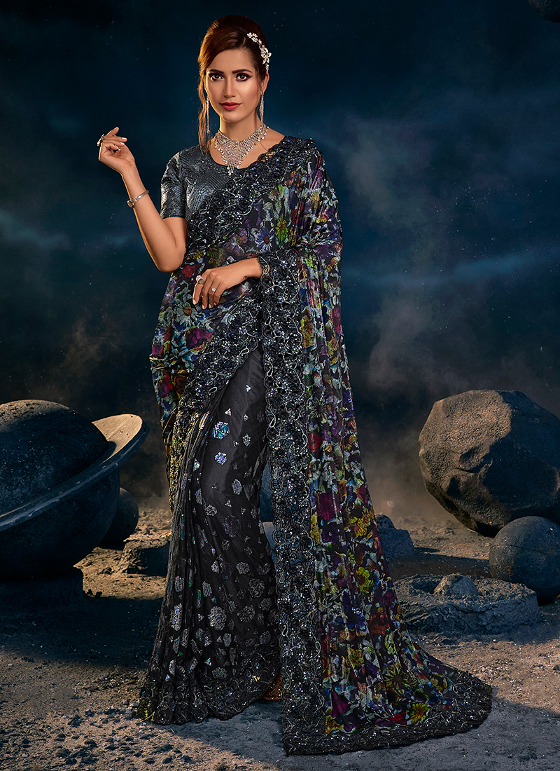 Buy Black Lycra Reception Wear Thread Work Saree Online From Wholesale ...