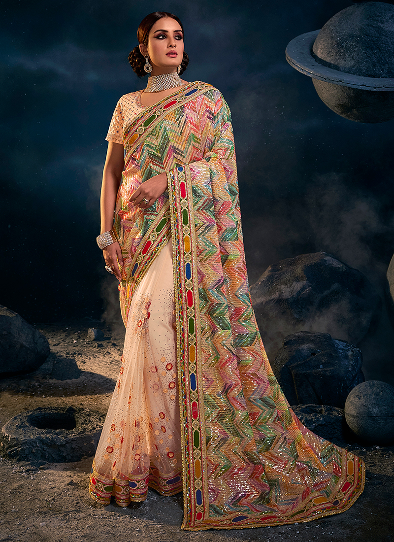 Buy Peach Lycra Reception Wear Thread Work Saree Online From Wholesale ...