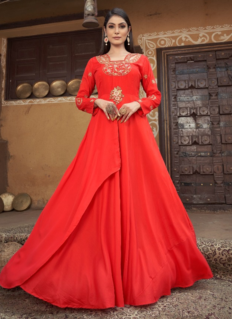 Buy Red Muslin Traditional Wear Embroidery Work Gown Online From ...