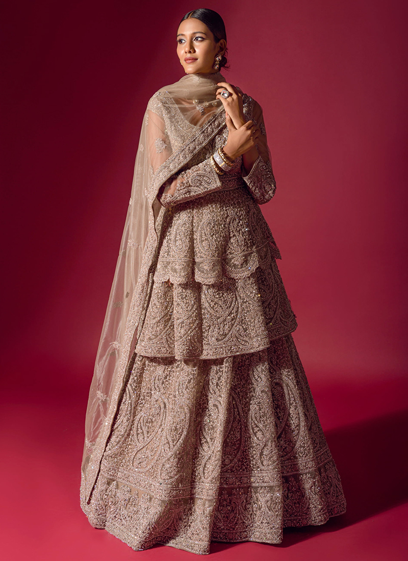 Buy Brown Velvet Reception Wear Zarkan Work Lehenga Choli Online From ...