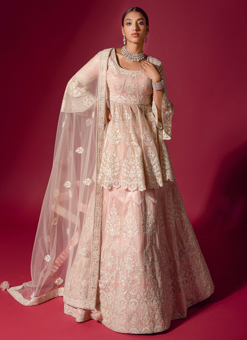 Buy Peach Velvet Reception Wear Zarkan Work Lehenga Choli Online From ...