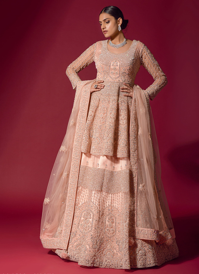Buy Peach Velvet Reception Wear Zarkan Work Lehenga Choli Online From ...