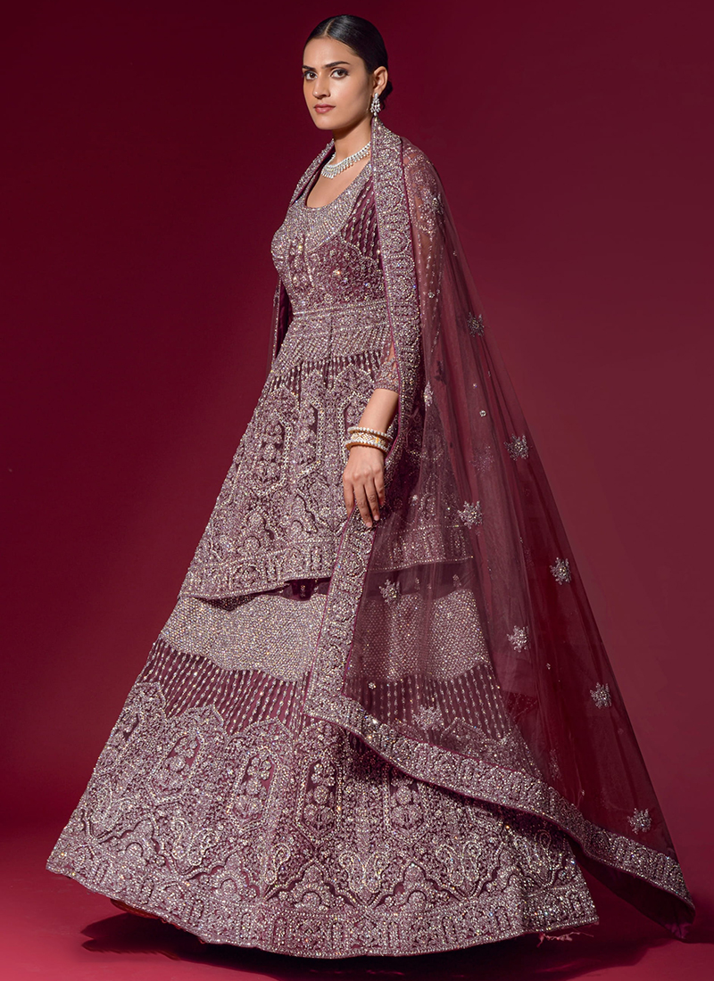 Buy Purple Velvet Reception Wear Zarkan Work Lehenga Choli Online From ...