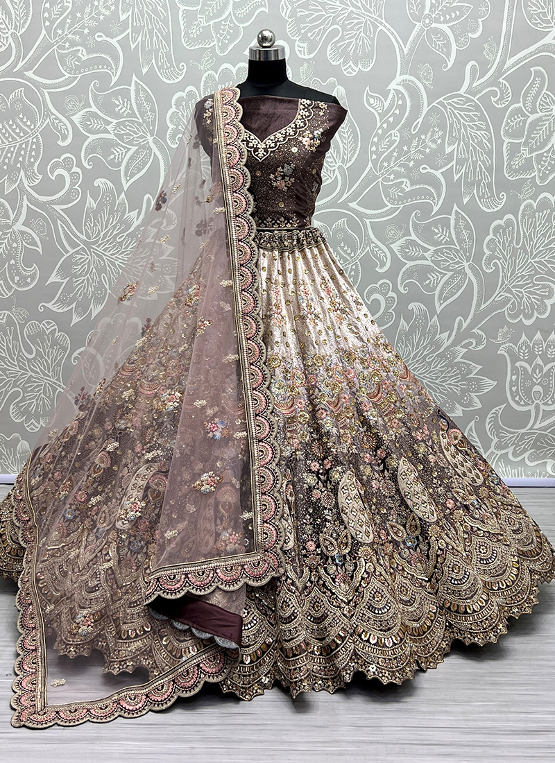 Buy Brown Velvet Bridal Wear Embroidery Work Lehenga Choli Online From ...