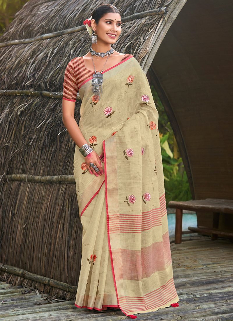 Buy Beige Linen Traditional Wear Weaving Saree Online From Wholesale ...