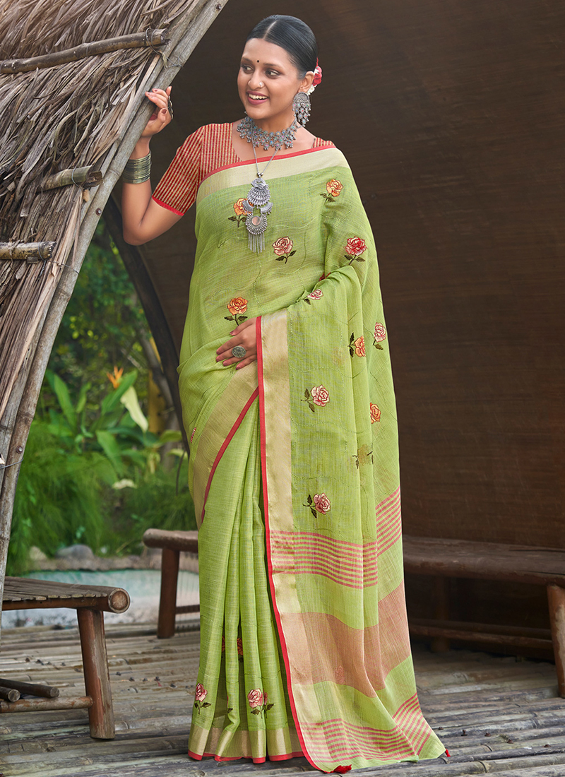 Buy Light Green Linen Traditional Wear Weaving Saree Online From ...