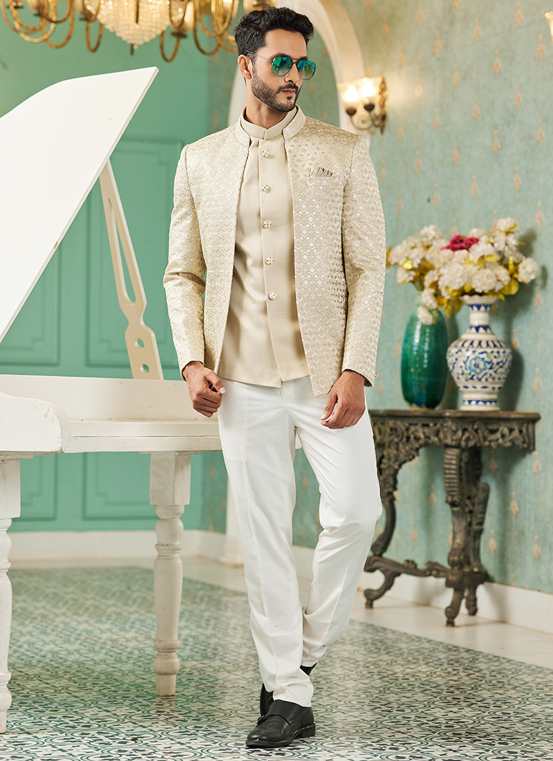 Buy Beige Art Silk Wedding Wear Thread Work 3 Pcs Jodhpuri Suit Online ...