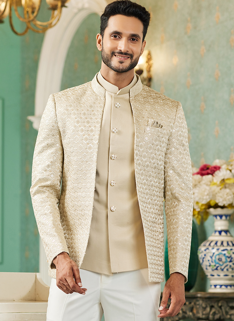 Buy Beige Art Silk Wedding Wear Thread Work 3 Pcs Jodhpuri Suit Online ...