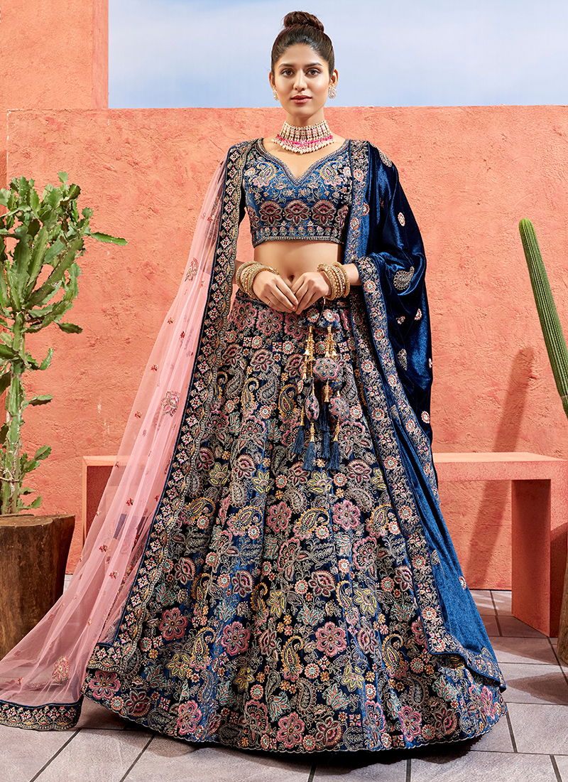 Buy Blue Velvet Bridal Wear Hand Work Lehenga Choli Online From ...
