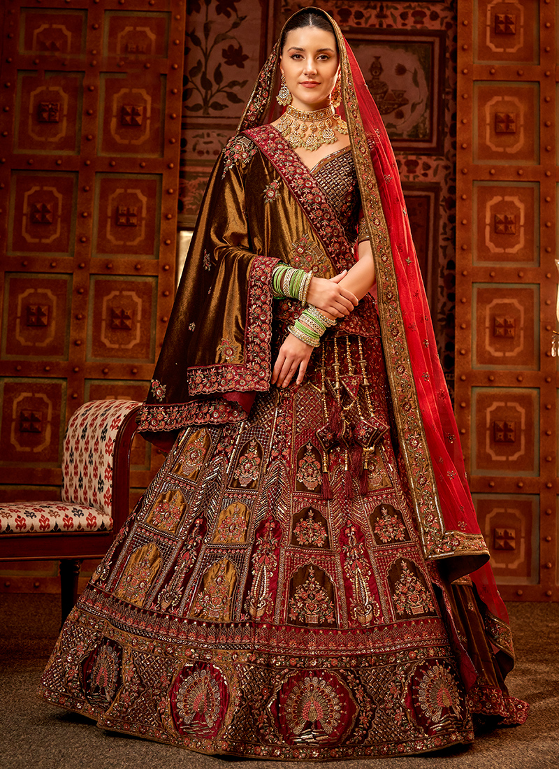 Buy Maroon Velvet Bridal Wear Hand Work Lehenga Choli Online From ...
