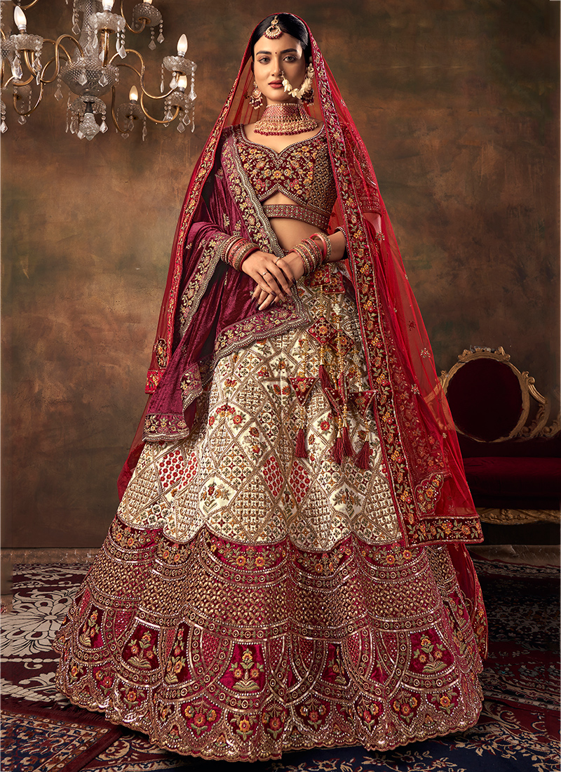 Buy Off White Velvet Bridal Wear Hand Work Lehenga Choli Online From ...