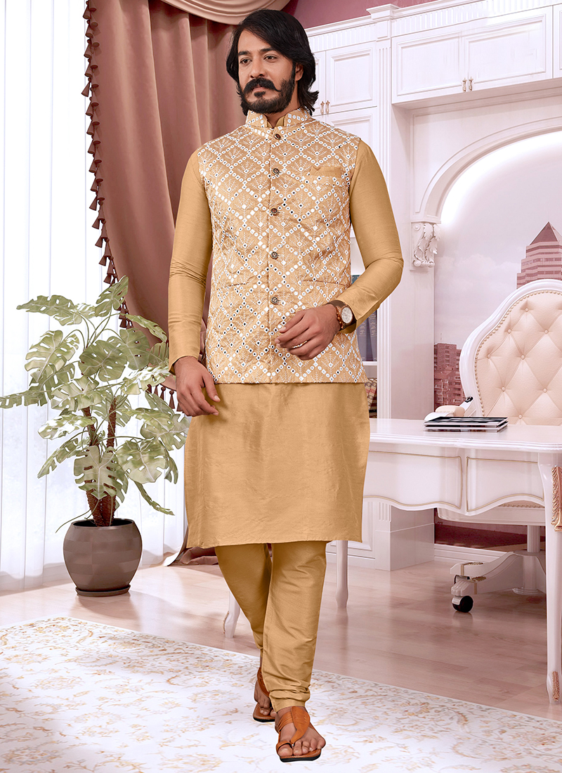 Buy Beige Pure Silk Traditional Wear Mirror Work Modi Jacket Kurta ...