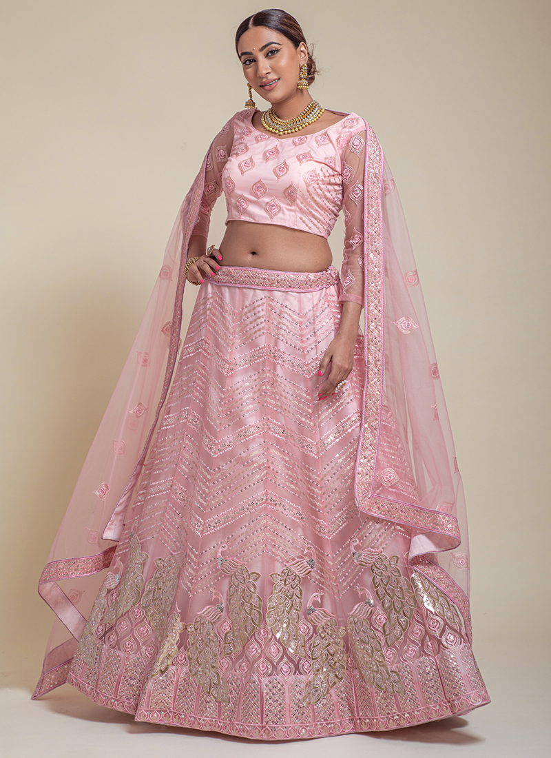 Buy Pink Bridal Net Wedding Wear Sequins Work Ready To Wear Lehenga ...