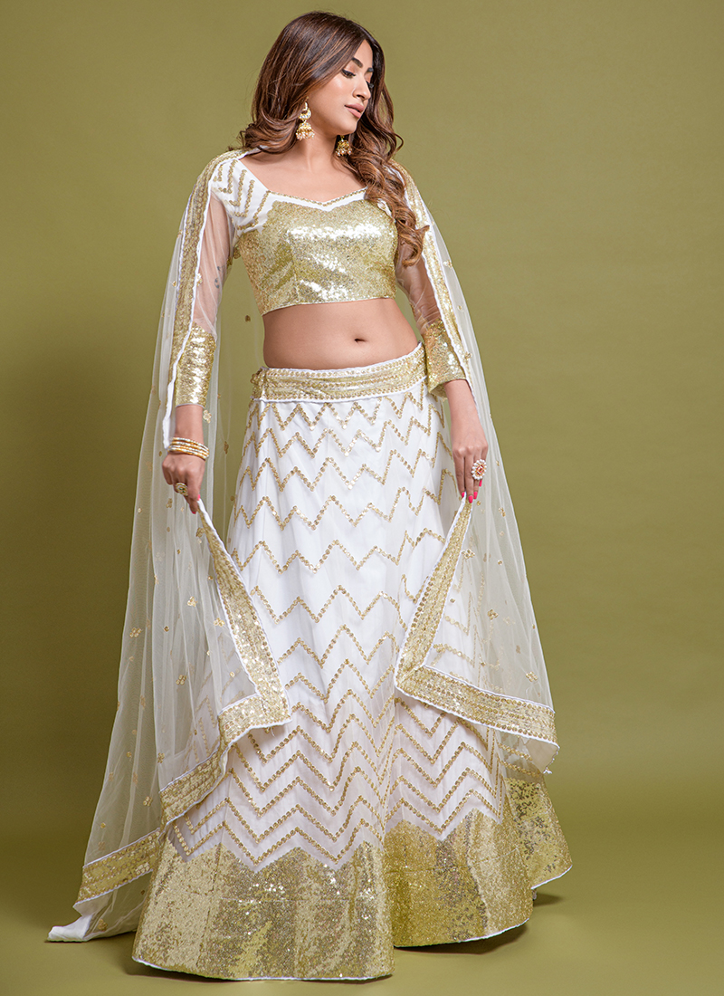 Buy White Bridal Net Wedding Wear Sequins Work Ready To Wear Lehenga ...