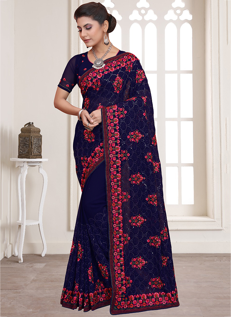 Buy Navy Blue Georgette Wedding Wear Resham Work Saree Online From ...