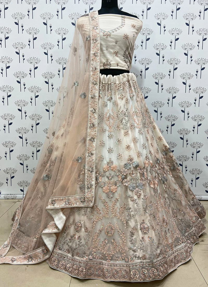 Buy Cream Net Wedding Wear Embroidery Work Lehenga Choli Online From ...
