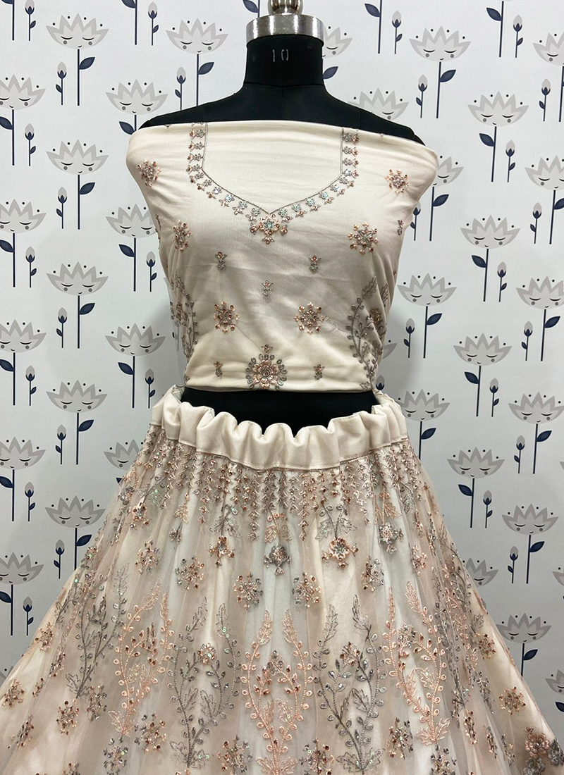 Buy Cream Net Wedding Wear Embroidery Work Lehenga Choli Online From ...