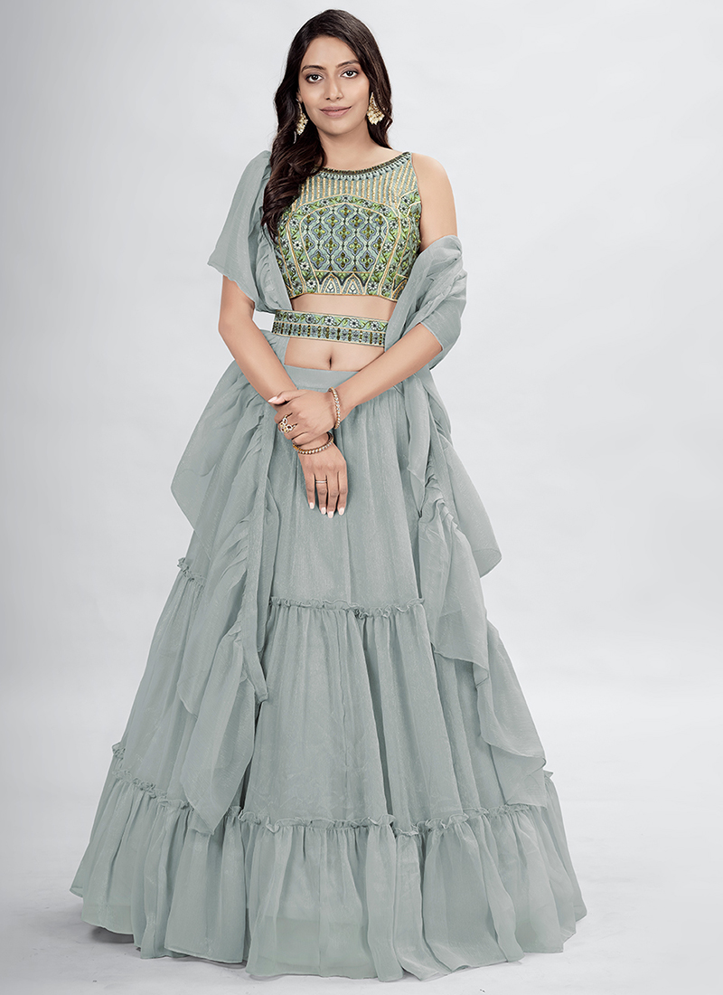 Buy Grey Chiffon Traditional Wear Hand Work Ready To Wear Lehenga Choli ...