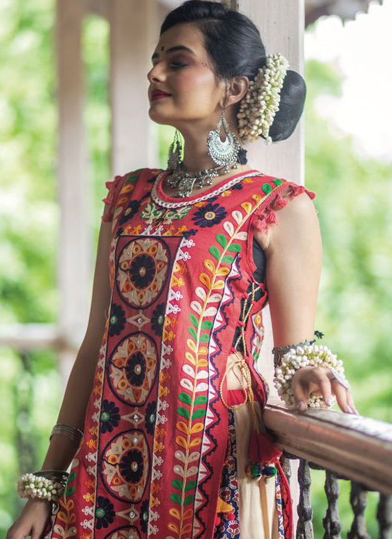 Buy Pink Fancy Navratri Wear Embroidery Work Kurti With Skirt Online ...