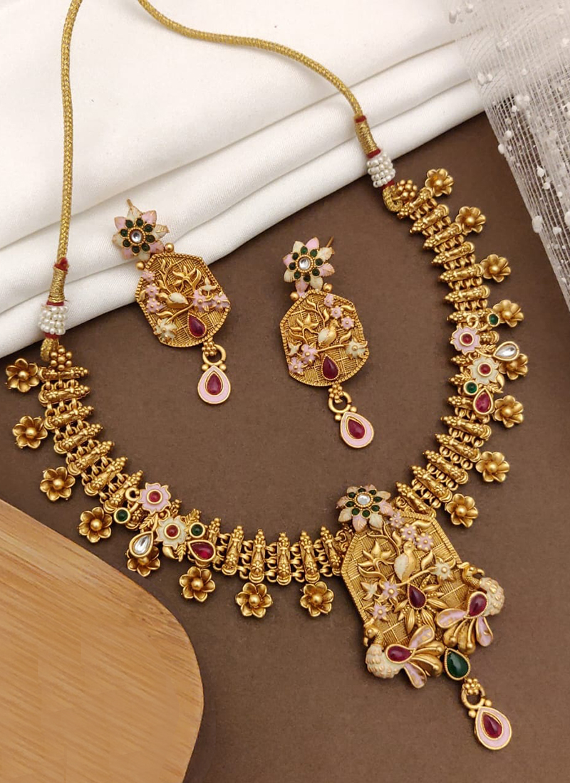 Buy New Brass High Gold Antique Matt Finish Hasli Necklace Set Online ...