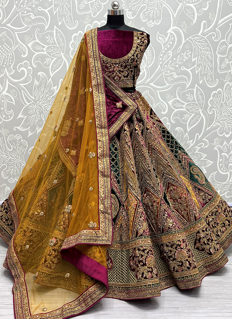 Buy Multi Color Velvet Bridal Wear Multi Work Lehenga Choli Online From ...