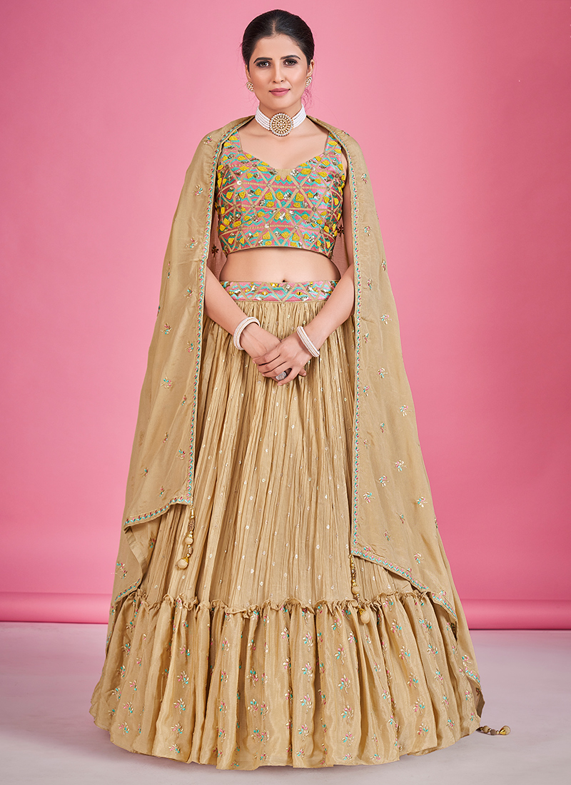 Buy Beige Georgette Wedding Wear Thread Work Ready To Wear Lehenga ...