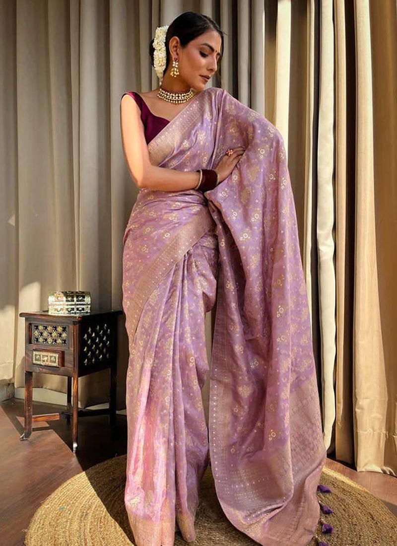 Buy Lavender Banarasi Silk Traditional Wear Weaving Saree Online From ...
