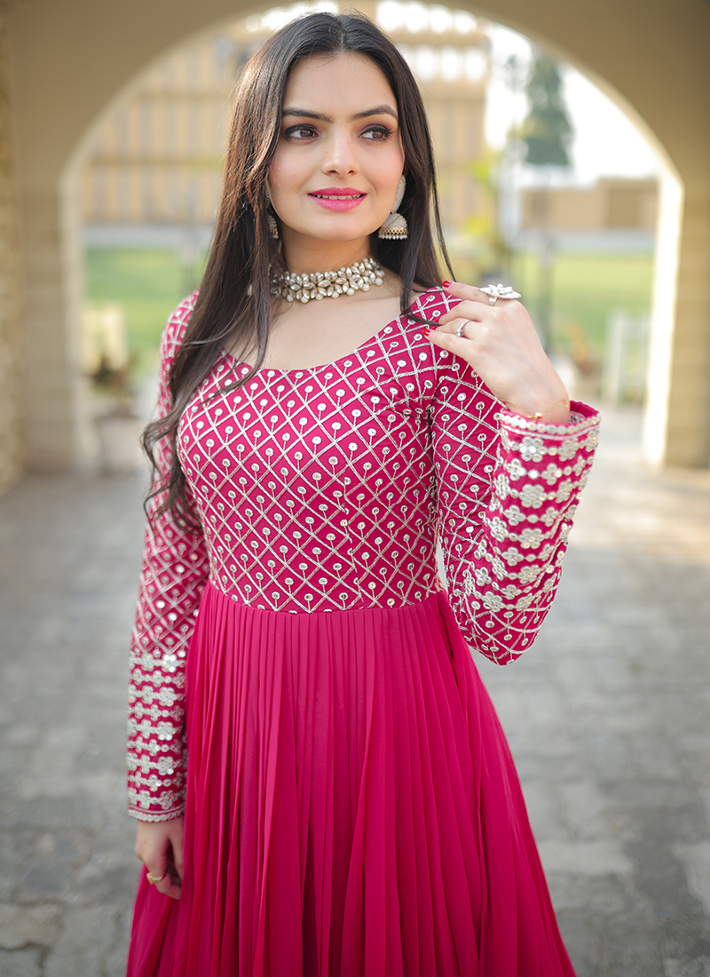 Buy Pink Georgette Traditional Wear Embroidery Work Gown Online From ...