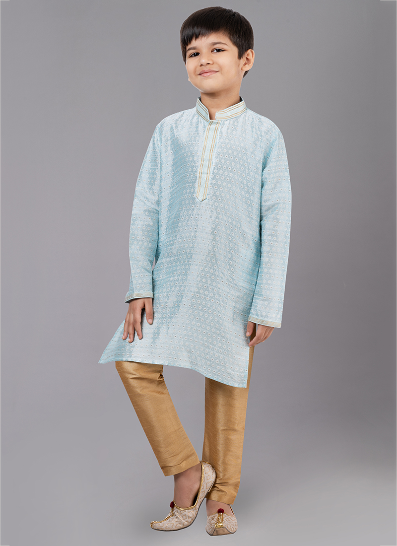 Buy Sky Blue Polyster Cottn Traditional Wear Weaving Kids Kurta Pajama ...