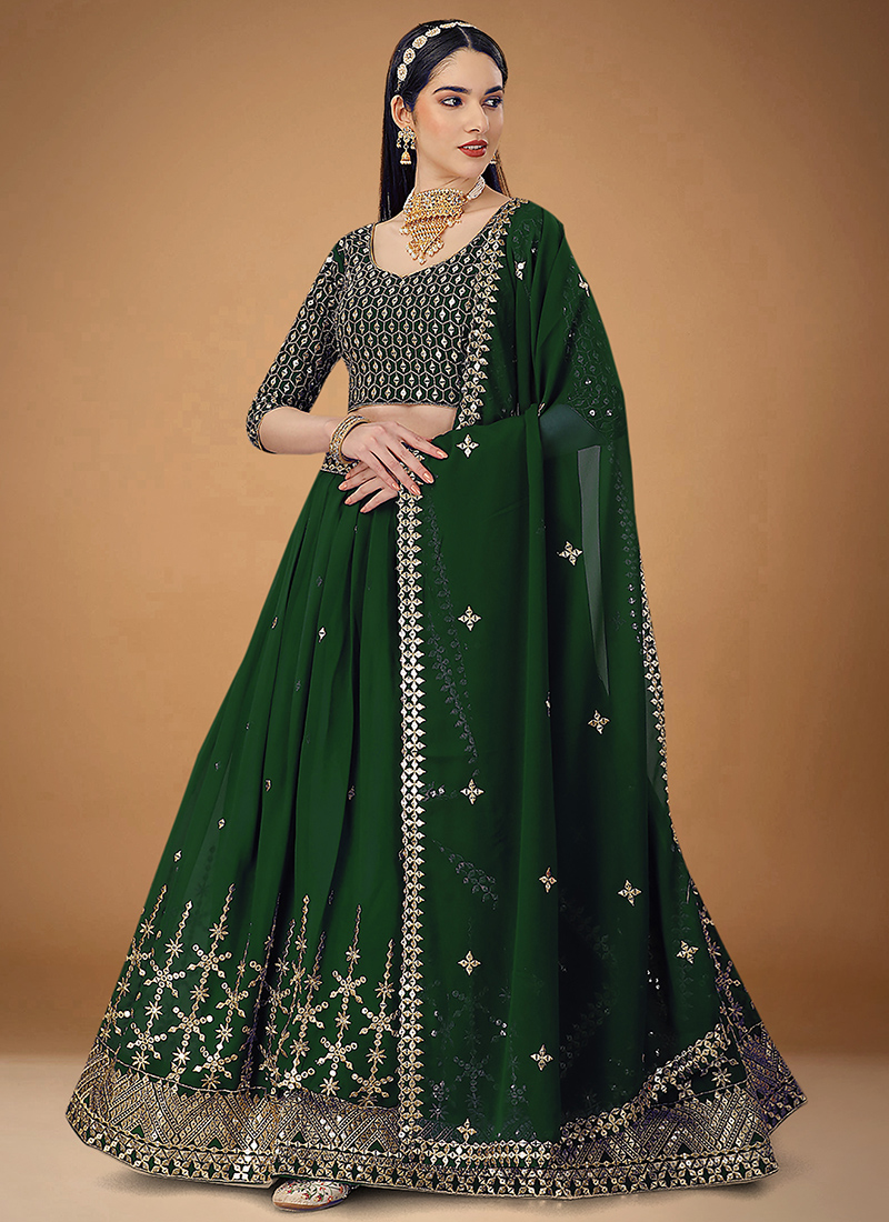 Buy Dark Green Faux Georgette Traditional Wear Sequins Work Lehenga ...