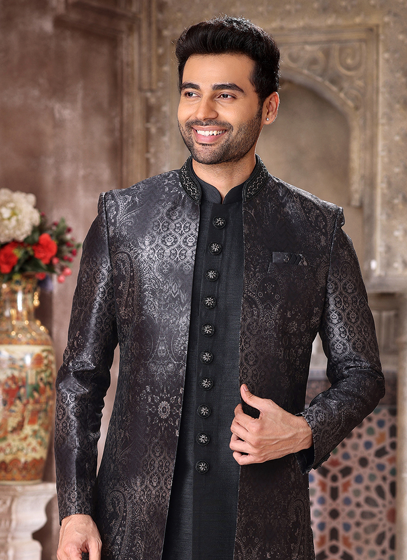 Buy Black Art Silk Wedding Wear Thread Work Mens Indo Western Online ...