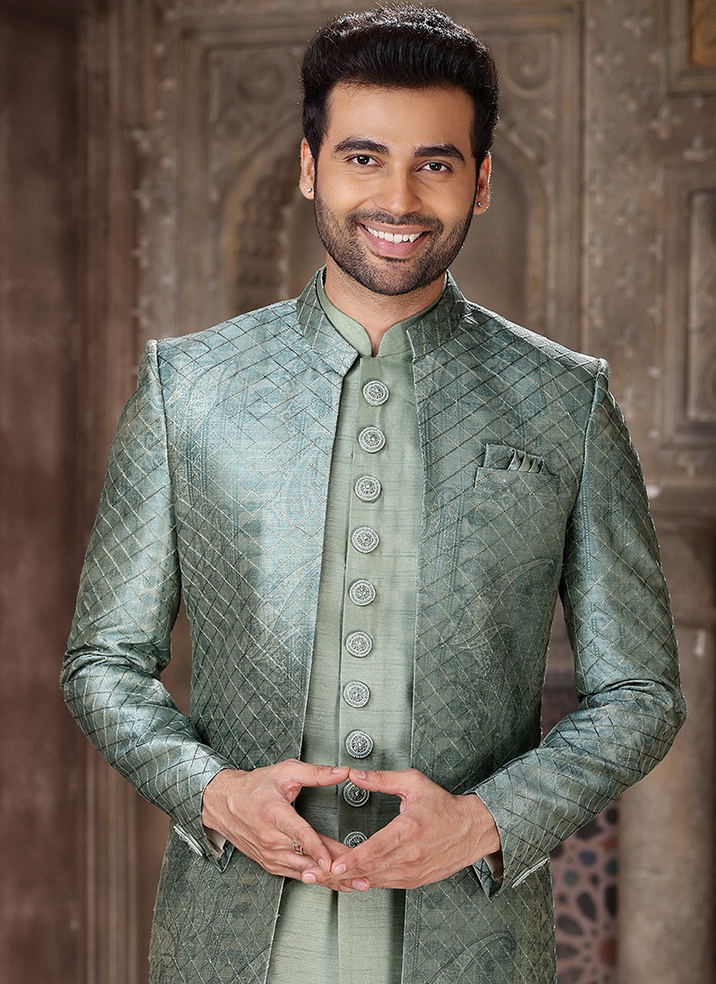 Buy Green Art Silk Wedding Wear Thread Work Mens Indo Western Online ...