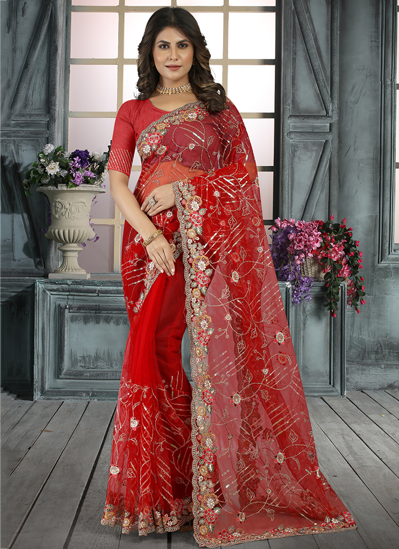 Buy Red Net Wedding Wear Cording Work Saree Online From Wholesale Salwar.