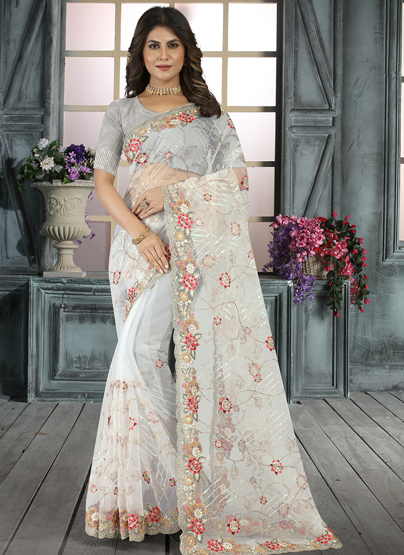 Buy White Net Wedding Wear Cording Work Saree Online From Wholesale Salwar.