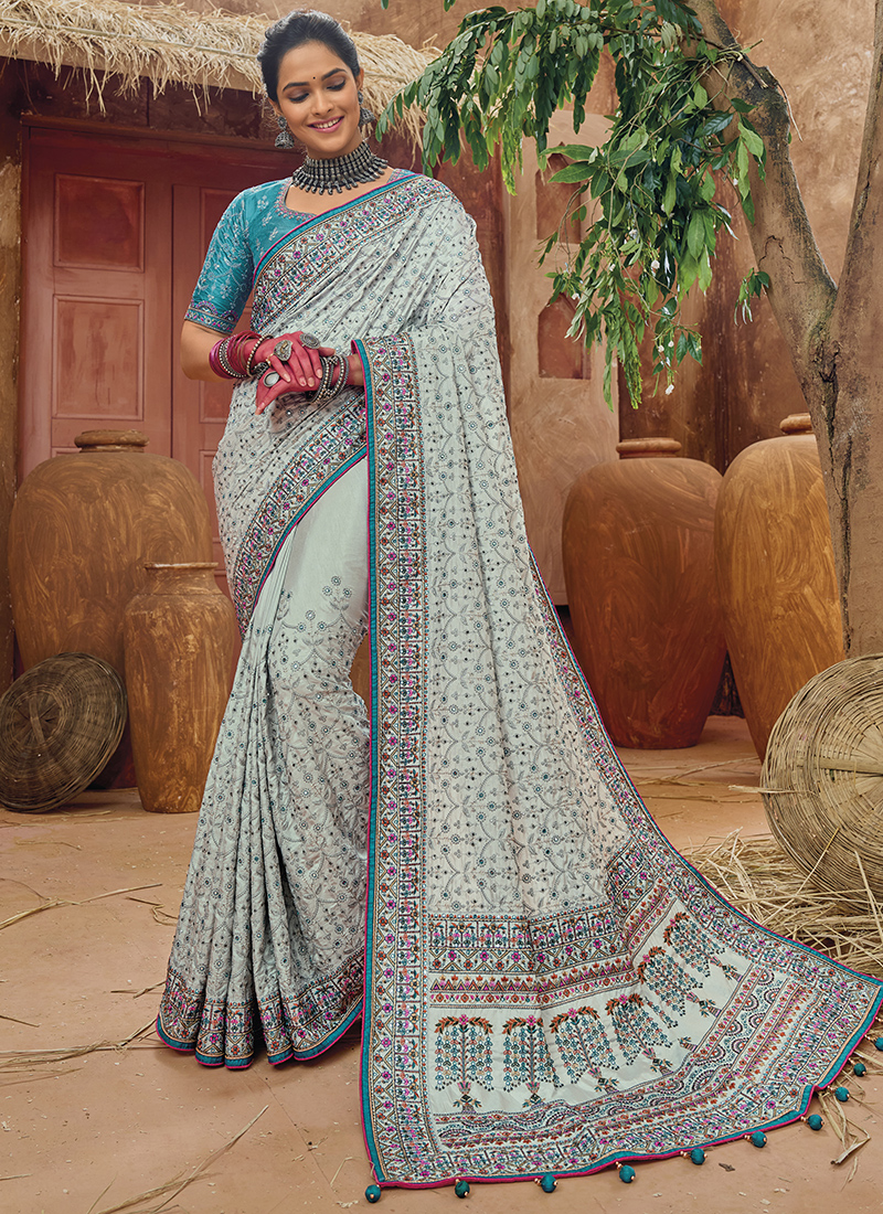 Buy Grey Banarasi Silk Reception Wear Kachhi Work Saree Online From ...