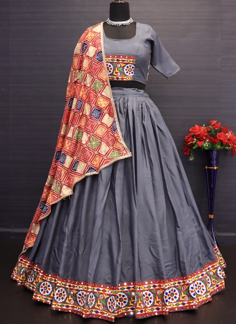 Buy Grey Rayon Navratri Wear Embroidery Work Ready To Wear Lehenga ...