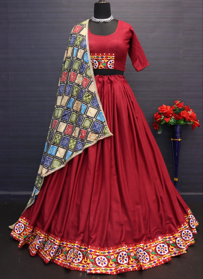Buy Maroon Rayon Navratri Wear Embroidery Work Ready To Wear Lehenga ...