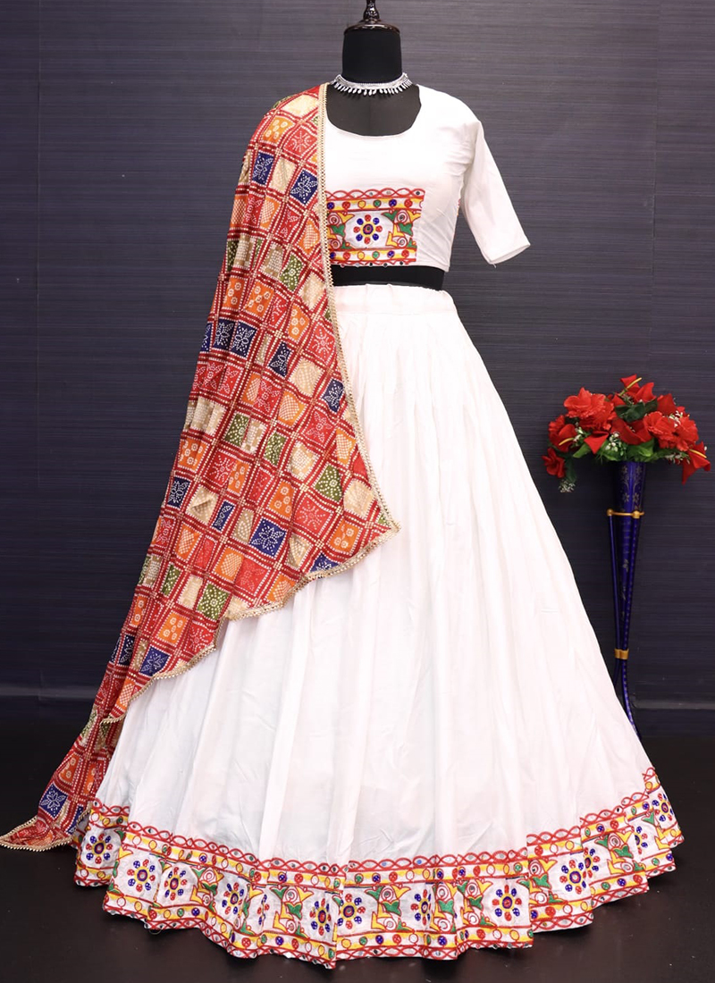 Buy White Rayon Navratri Wear Embroidery Work Ready To Wear Lehenga ...