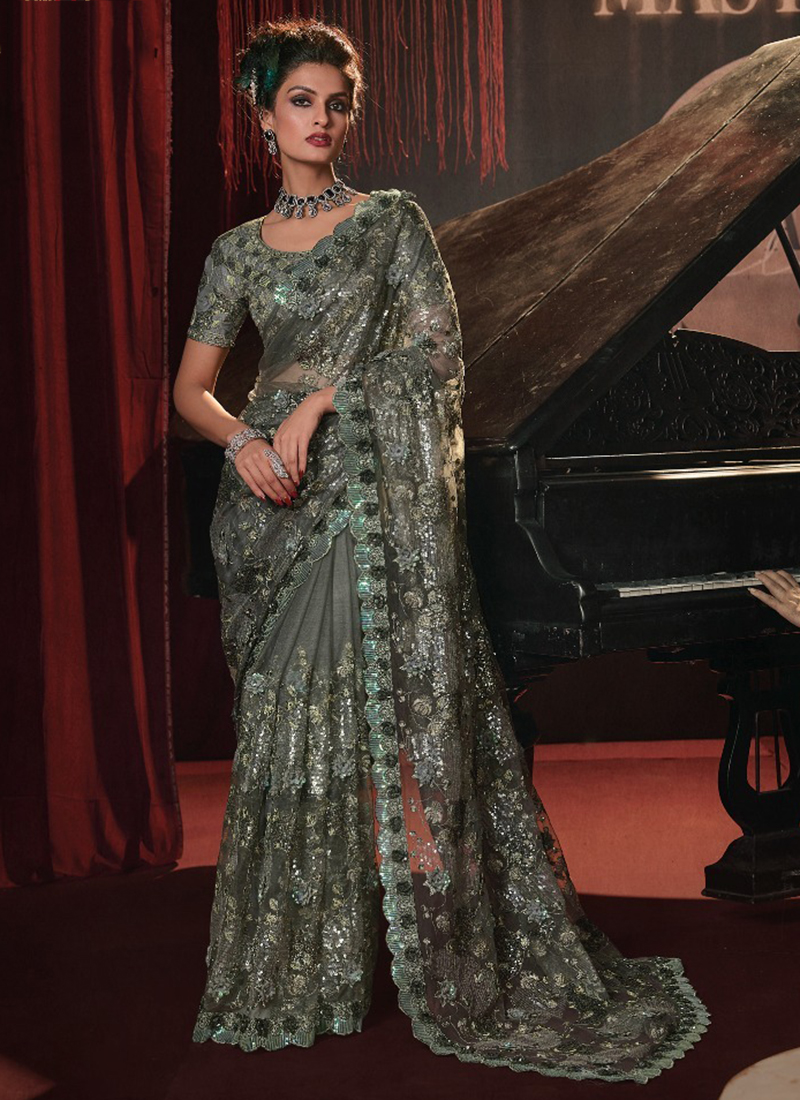 Buy Mahendi Net Reception Wear Hand Work Saree Online From Wholesale ...