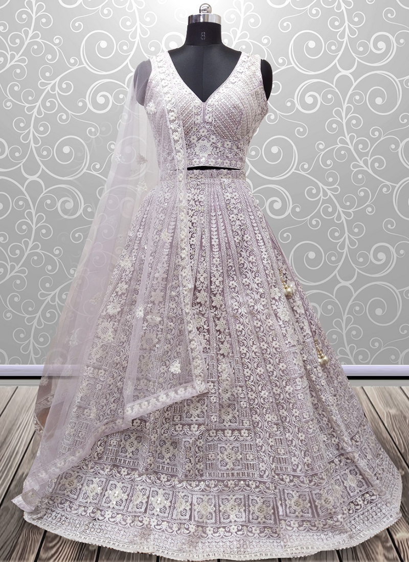 Buy Pink Georgette Bridal Wear Lucknowi Work Ready To Wear Lehenga ...