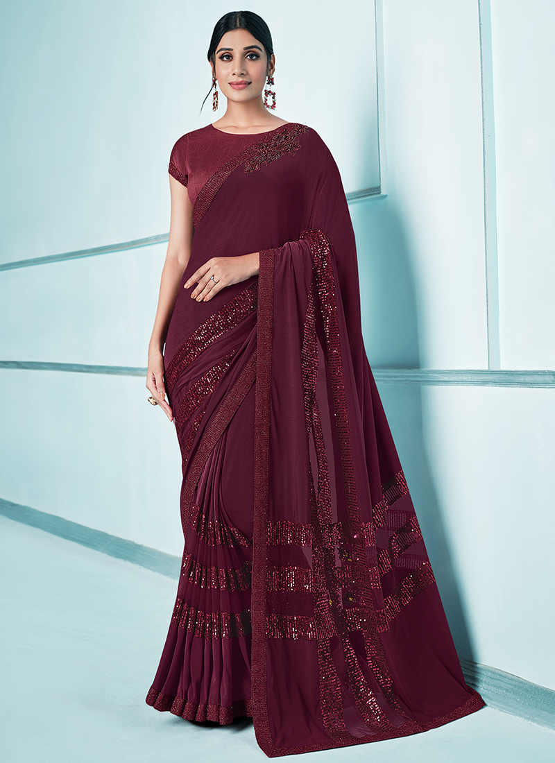Buy Maroon Lycra Party Wear Sequins Work Saree Online From Wholesale ...