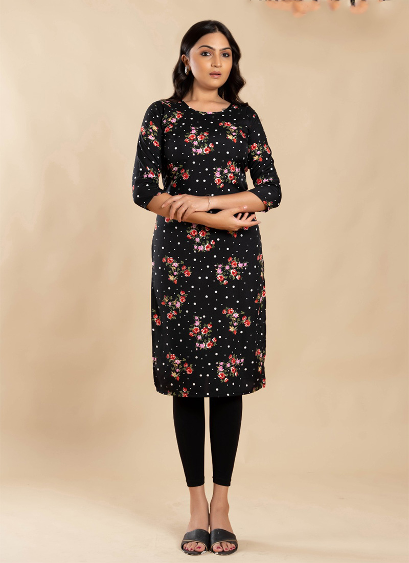 Buy Black Crepe Office Wear Printed Work Kurti Online From Wholesale ...