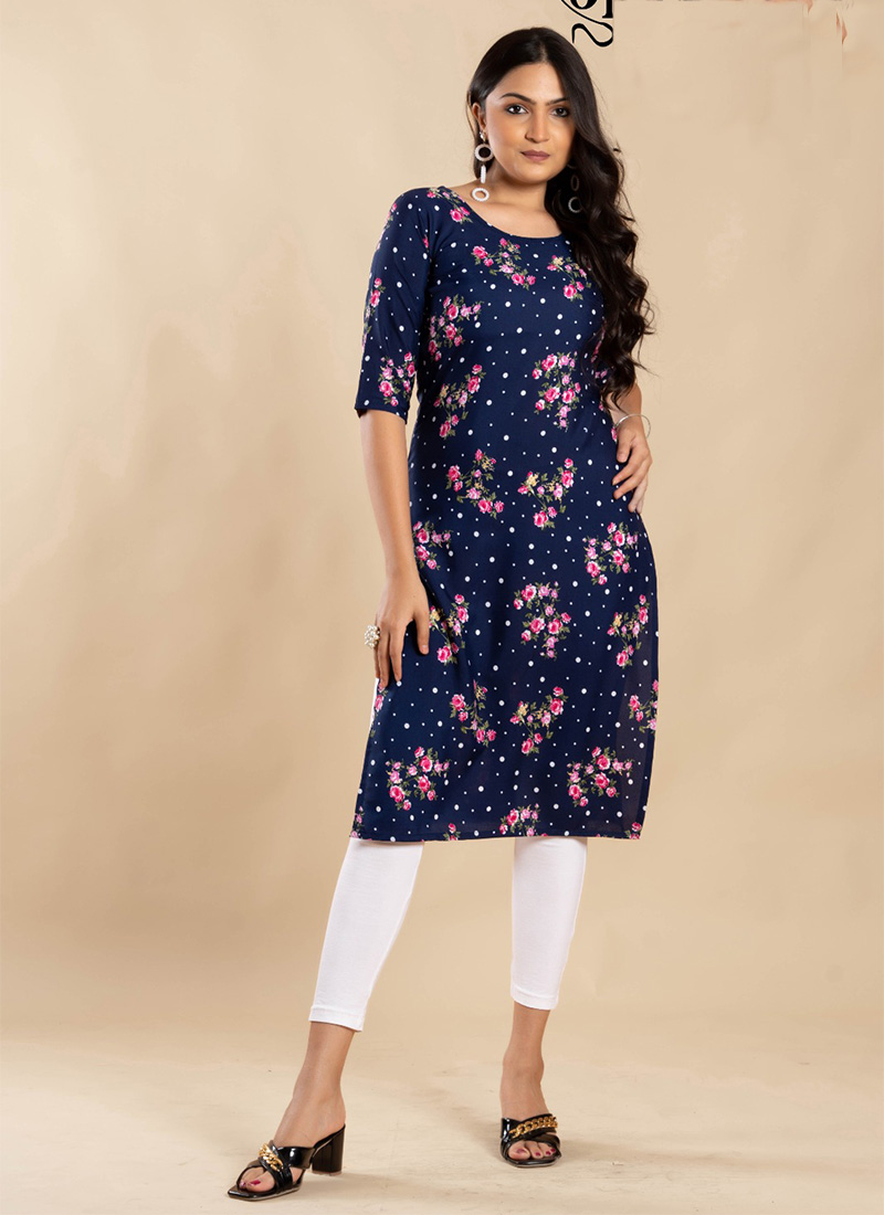 Buy Navy blue Crepe Office Wear Printed Work Kurti Online From ...